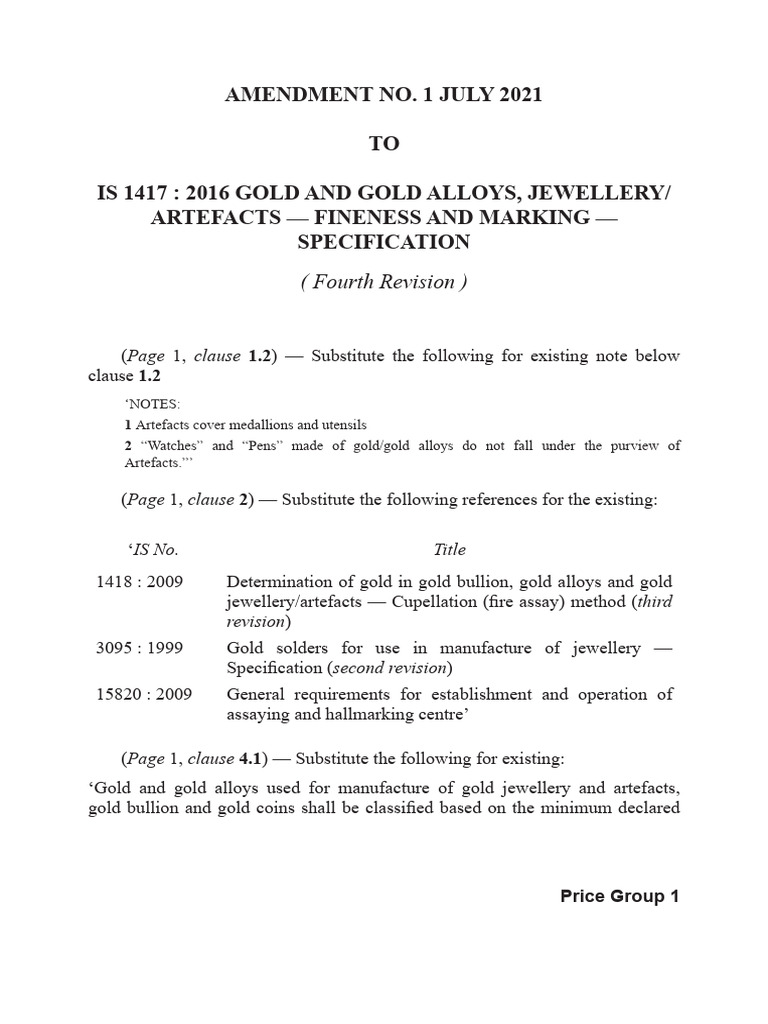 Amendment No. 1 July 2021 To Is 1417: 2016 Gold and Gold Alloys, Jewellery/ Artefacts - Fineness ...