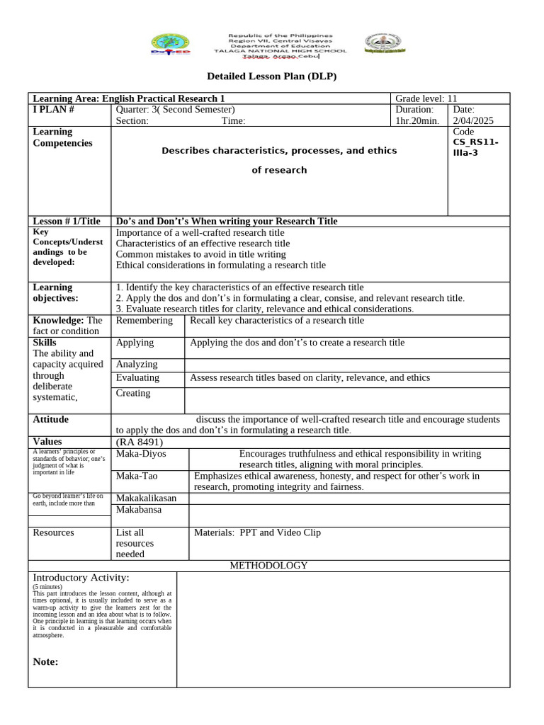 Lesson Plan Prac Research 1 | PDF | Learning | Cognition