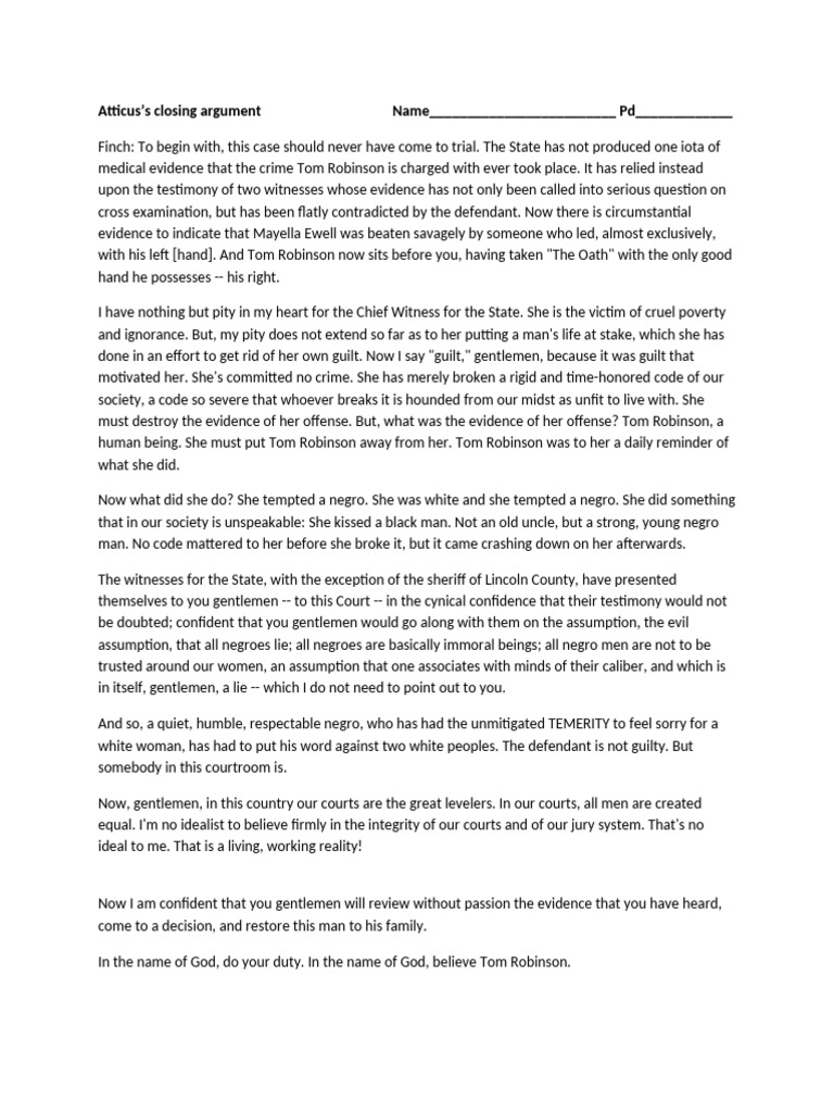 Atticus Finch's Closing Argument Analysis | PDF | Witness