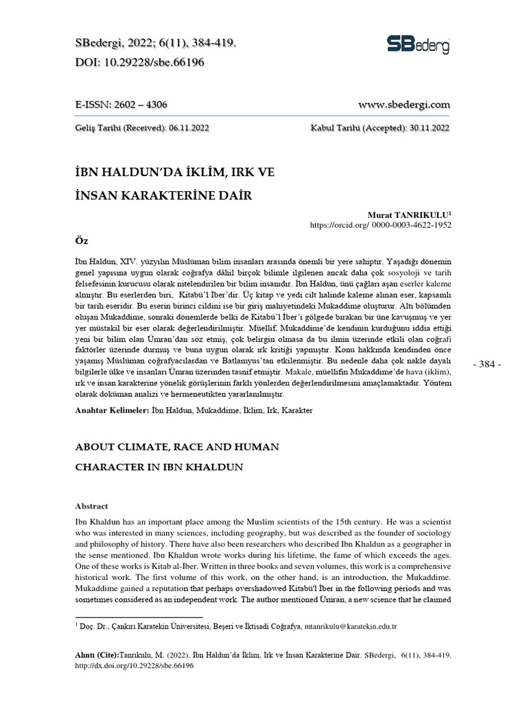 Ibn Haldun Da Ikli M Irk Ve Insan Karakt | PDF