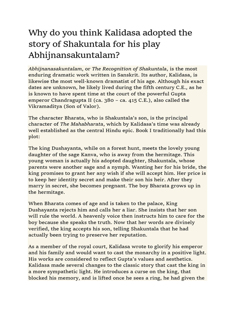 Why do you think Kalidasa adopted the story of Shakuntala for his play ...