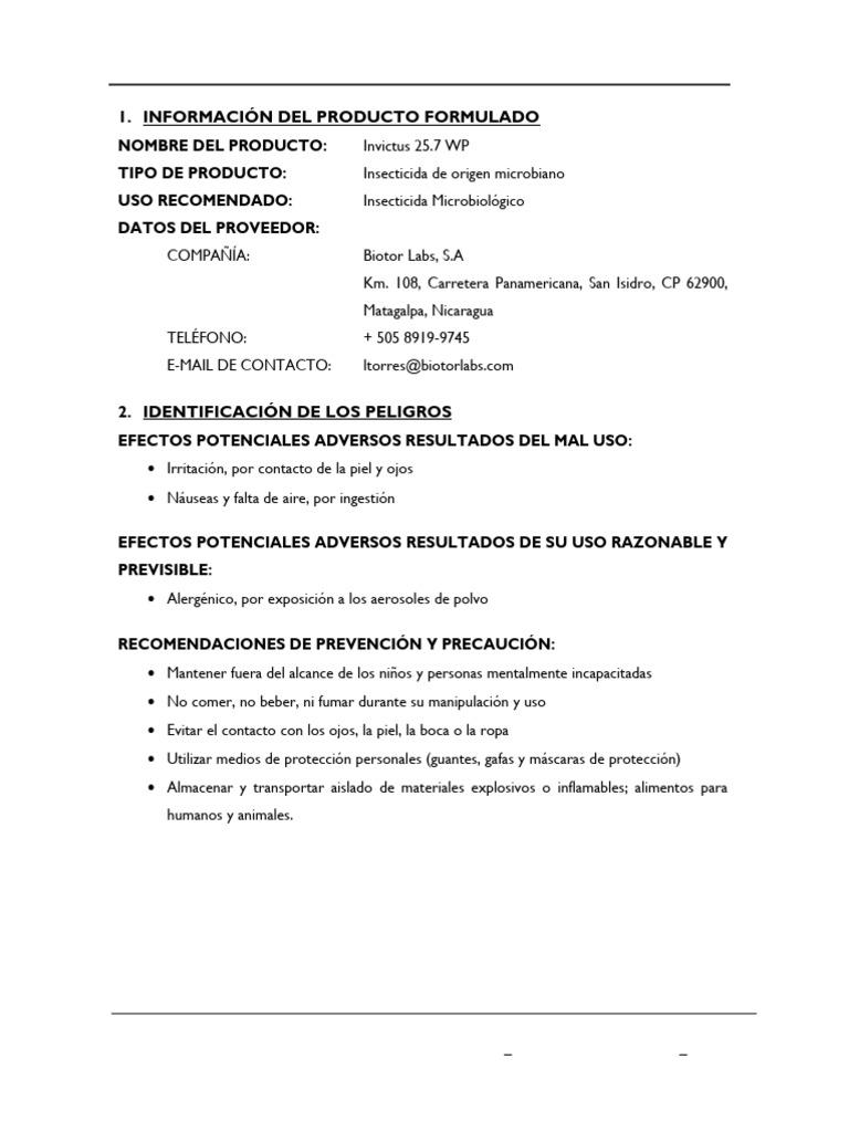 Ficha de Seguridad Invictus 25.7 WP | PDF | Agua | Laboratorios