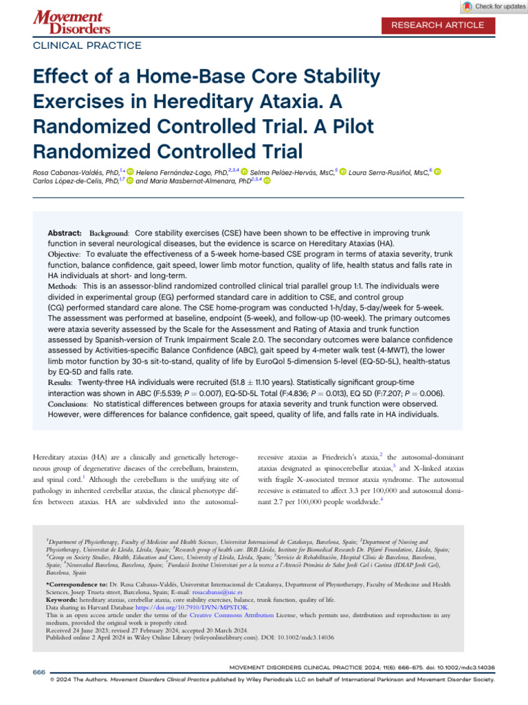 Movement Disord Clin Pract - 2024 - Cabanas Valdés - Effect of A Home Base Core Stability ...