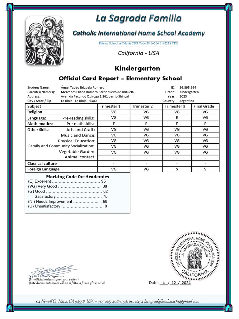 Kindergarten Report Card 2023 | PDF