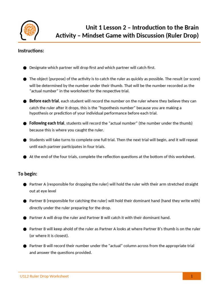 Copy of U1L2 Ruler Drop Worksheet | PDF | Mindset | Psychological Concepts