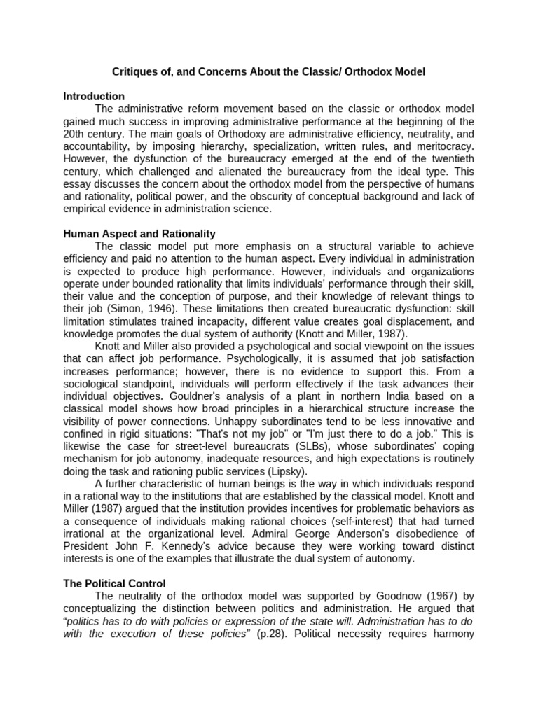 Critique of the Orthodox Model in Administration | PDF | Bureaucracy ...