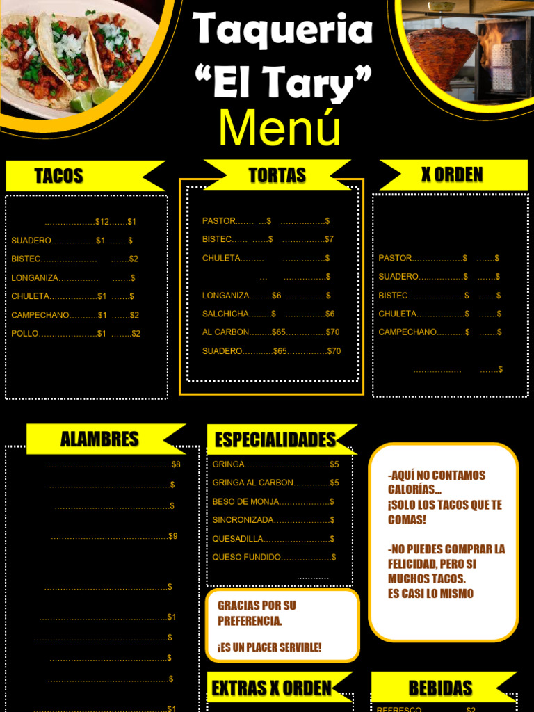 Menú de Tacos en Taquería "El Tary" | PDF | Taco | Alimentos