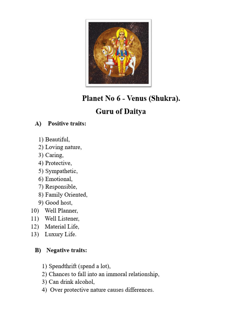 Planet No 6 - Venus (Shukra) - Guru of Daitya: A) Positive Traits | PDF