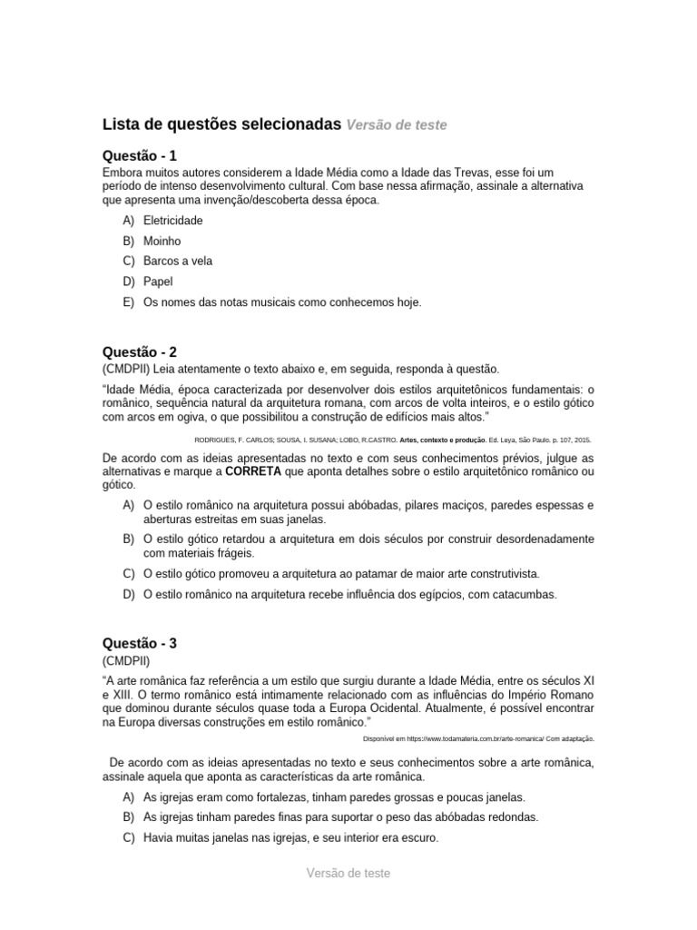 Lista Questoes Selecionadas 11-03-2025 14h33min | PDF | Arquitetura gótica | Arte ocidental