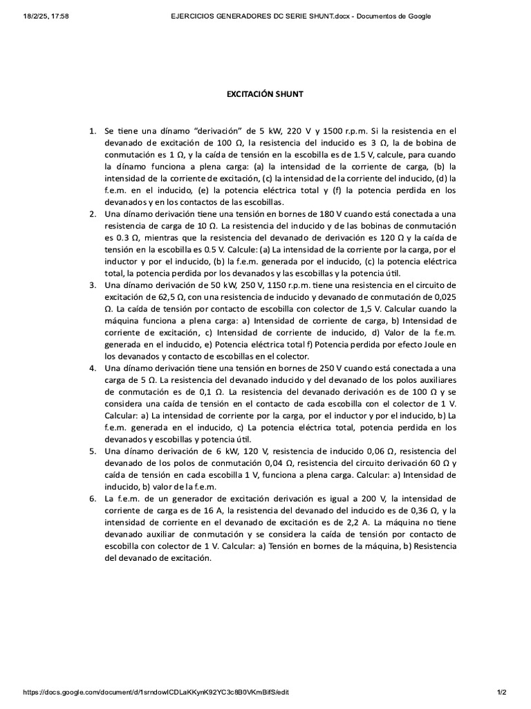 Ejercicios Generadores DC Serie Shunt | PDF