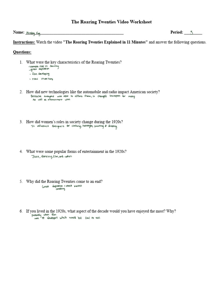 Roaring Twenties Video Worksheet | PDF