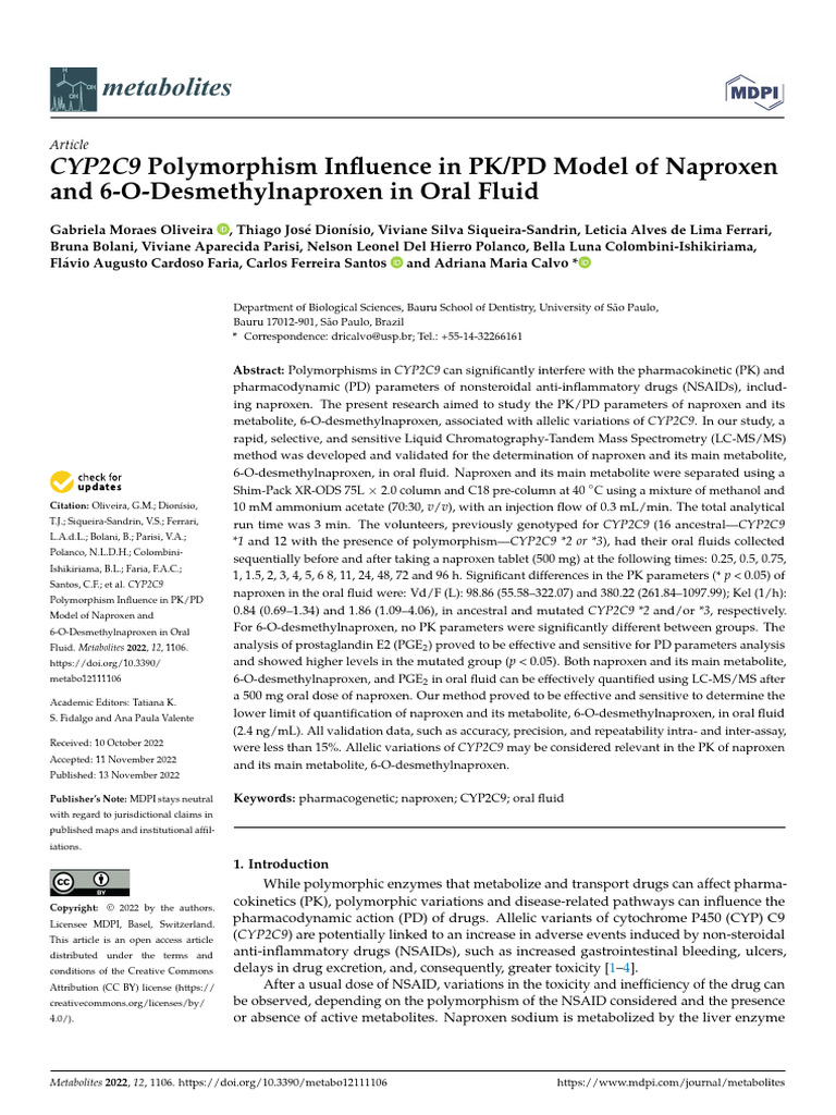 CYP2C9 Polymorphism Influence in PK-PD Model of Naproxen | PDF | Liquid ...