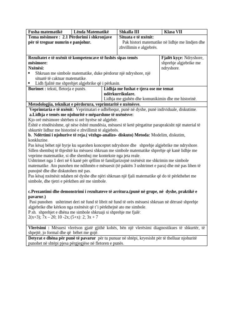 2.1. Përdorimi I Shkronjave Për Të Zëvendësuar Numrin e Panjohur | PDF