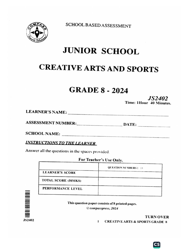 Grade 8 C.A & Sports Compass Exam | PDF