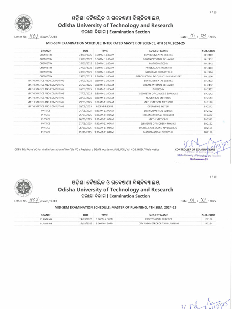 4th Sem Mid-Semester Exam Schedule 2024-25 | PDF