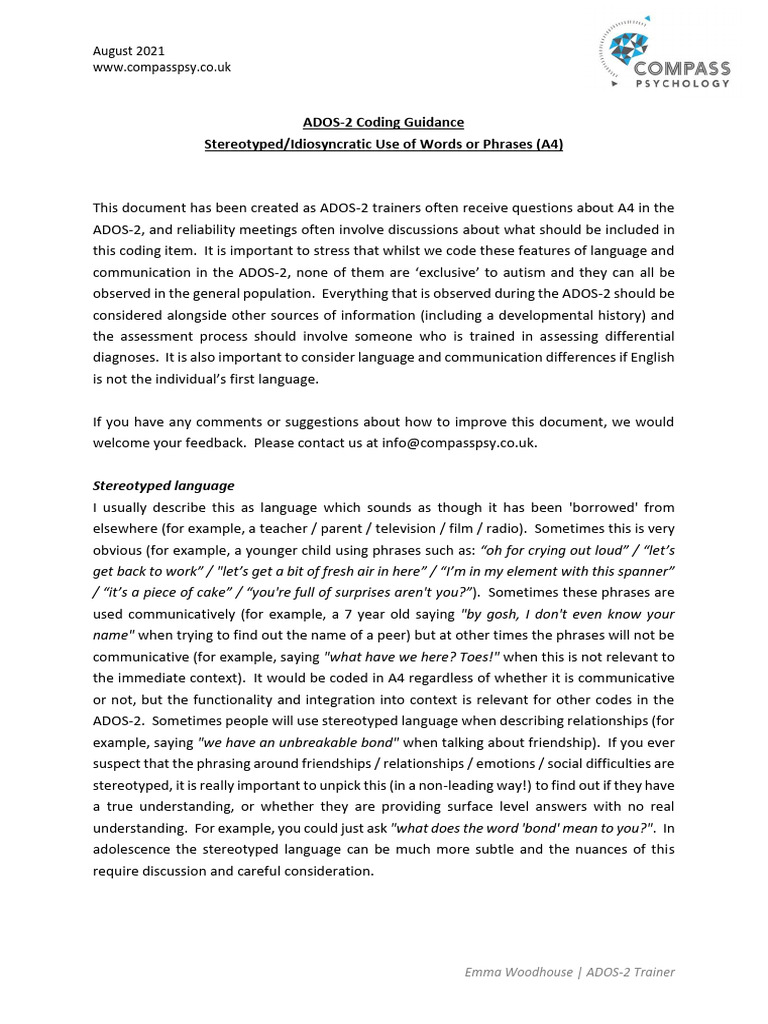 ADOS 2 Coding Guidance A4 August 2021 | PDF | Human Communication ...
