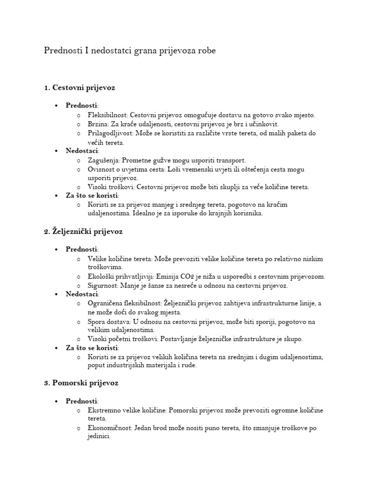Prednosti I Nedostatci Grana Prijevoza Robe | PDF