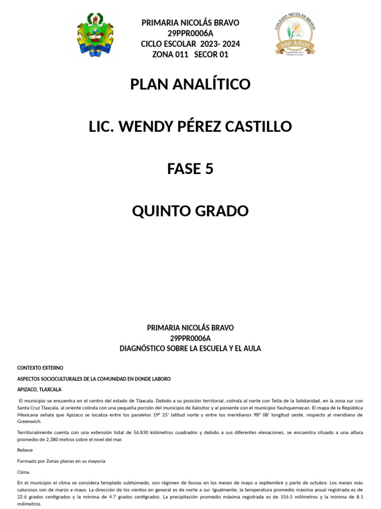 Plan Analítico Quinto Grado | PDF