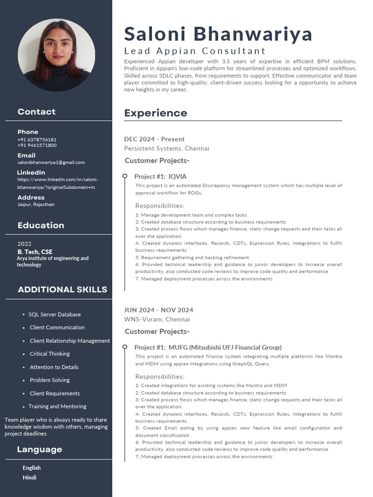 Saloni Bhanwariya Lead Appian Consultant Resume | PDF | Software Quality | Databases