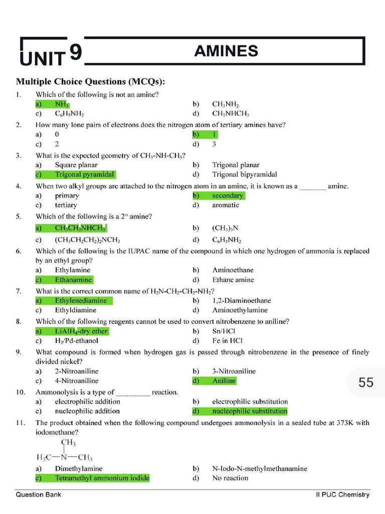 Amines MCQ &FIB With Answers | PDF