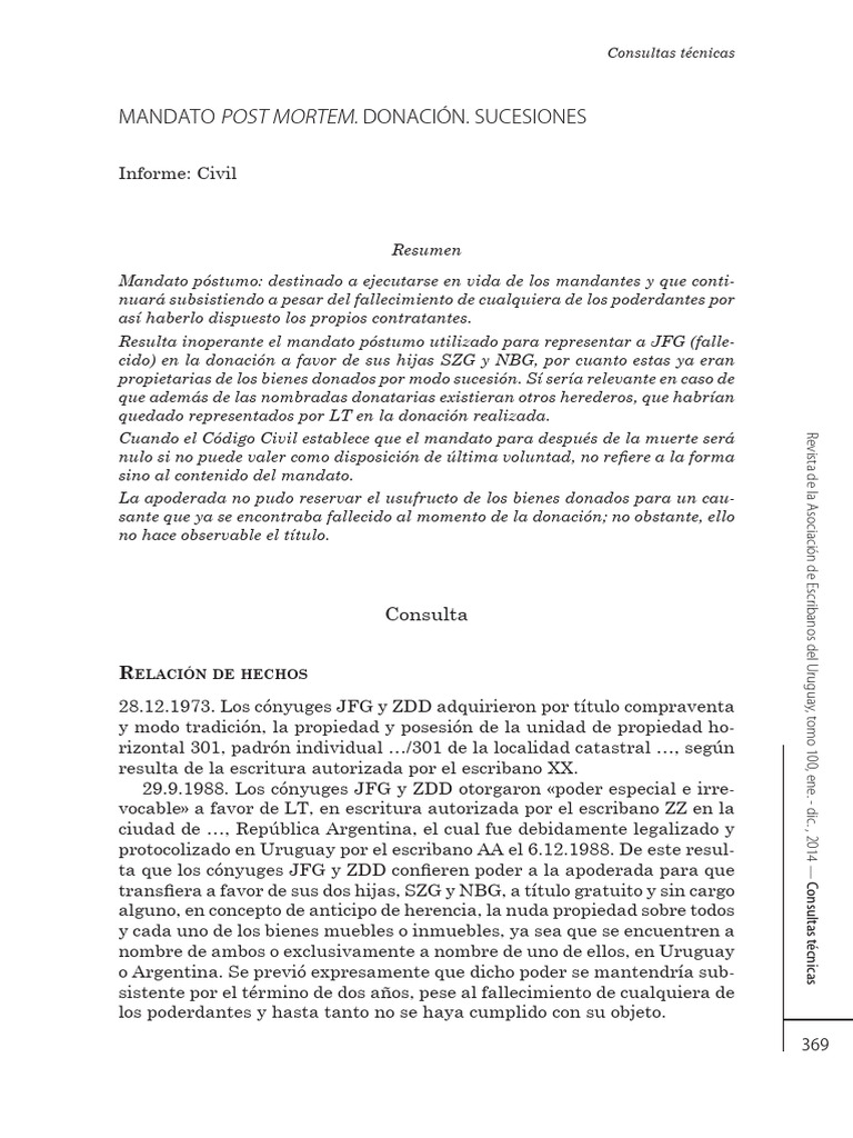 Mandato Post Mortem. Donación. Sucesiones: Consulta | PDF | Herencia ...