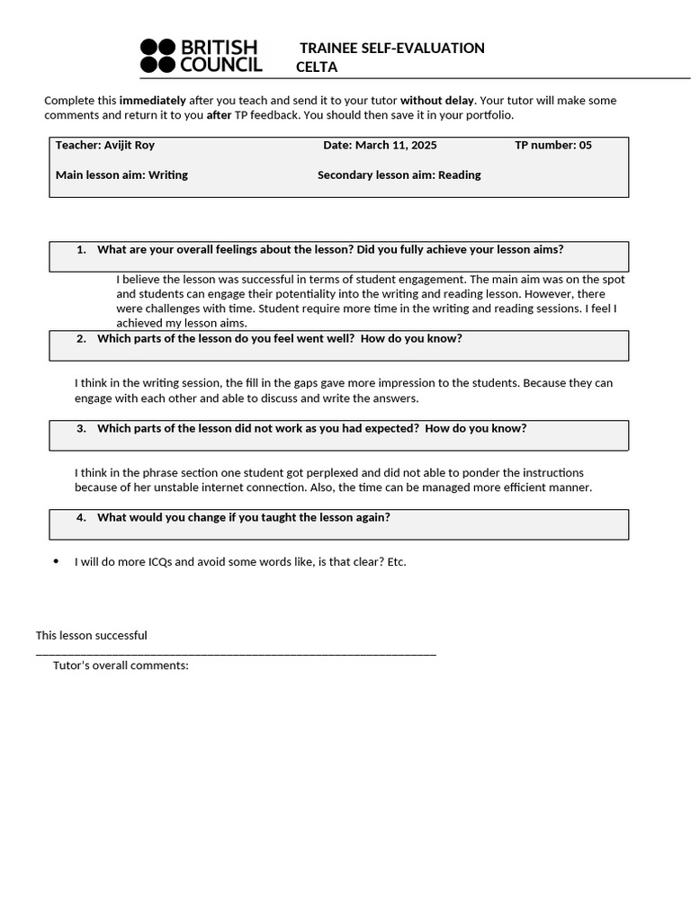 Trainee Self Evaluation Template | PDF