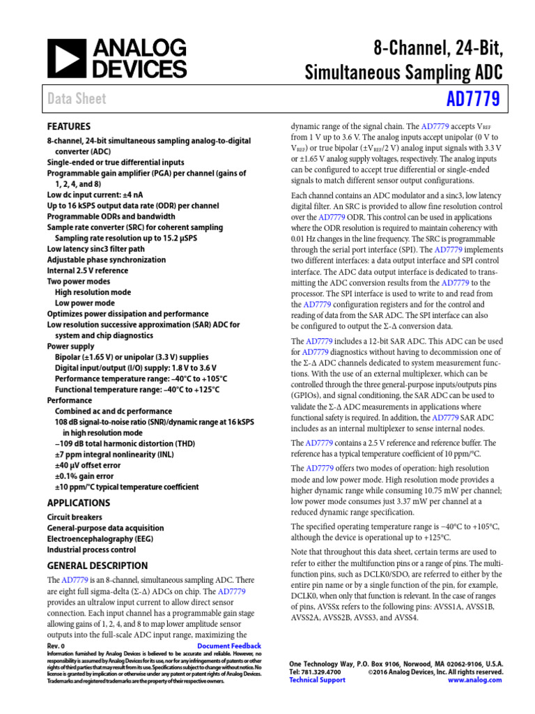8-Channel, 24-Bit, Simultaneous Sampling ADC: Data Sheet | PDF | Analog To Digital Converter ...