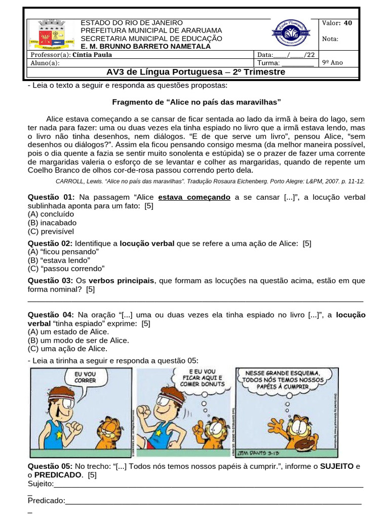 AV3 PROVA FORMAL_9º ano_2º TRIMESTRE | PDF | Assunto (gramática) | Alice no País das Maravilhas