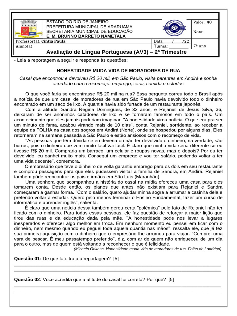 AV3 - 7º Ano - 2º TRIMESTRE | PDF | Dinheiro | Pronome