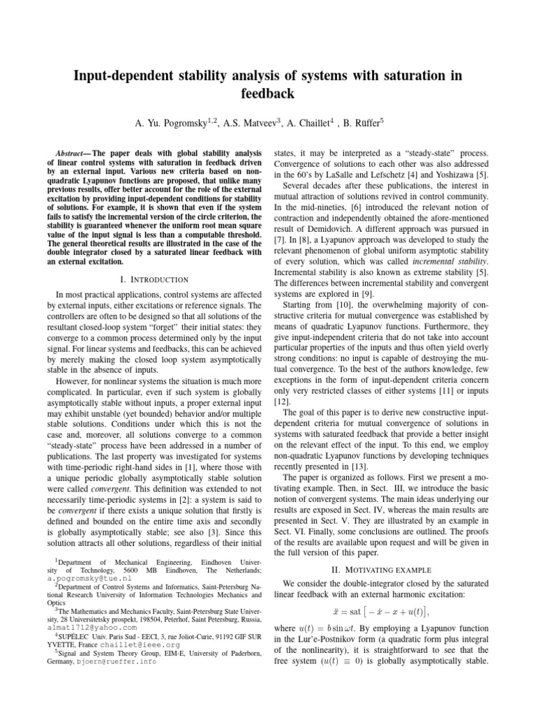 Input-dependent stability analysis of systems with saturation in feedback | PDF | Stability ...