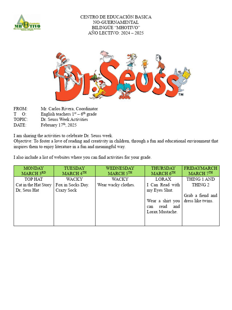 Dr. Seuss Week Activities Overview | PDF
