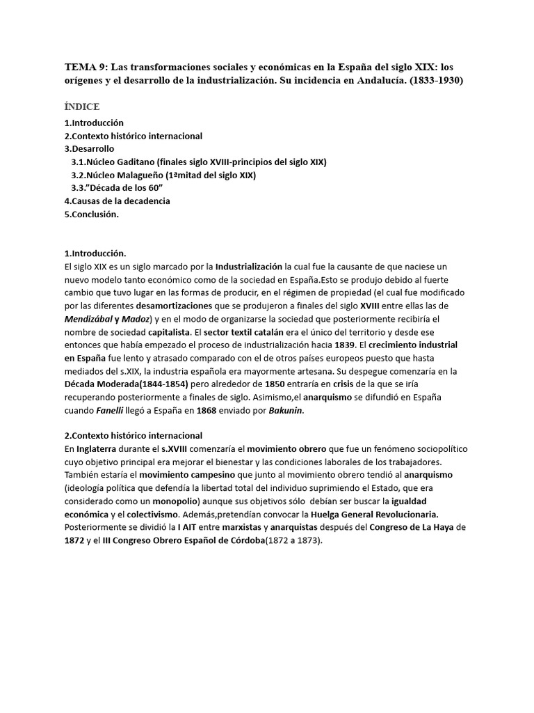 TEMA 9 - Las Transformaciones Sociales y Económicas en La España Del Siglo XIX - Los Orígenes y ...