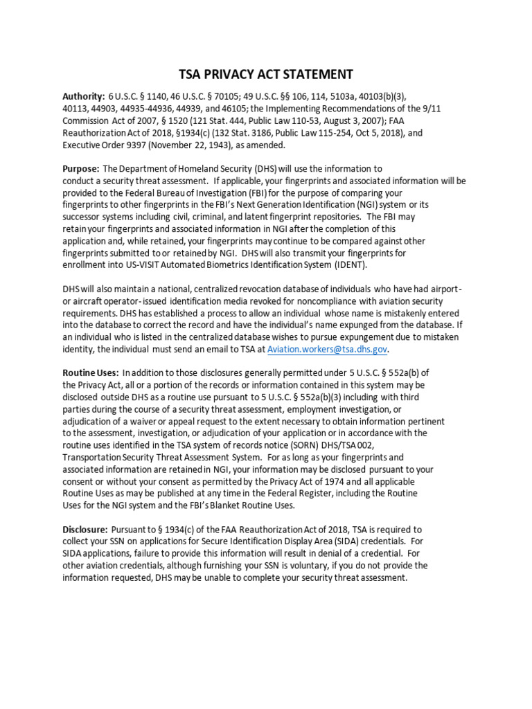 TSA Privacy Act Statement | PDF | Fingerprint | Transportation Security ...