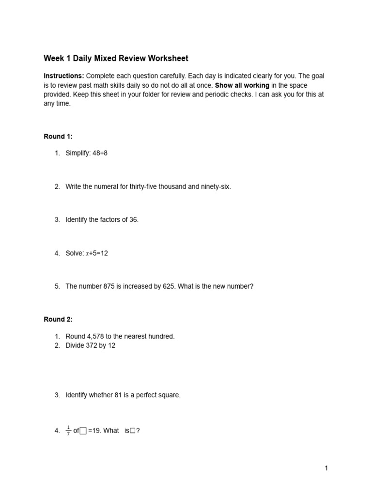 Week 1 Daily Mixed Review Worksheet | PDF