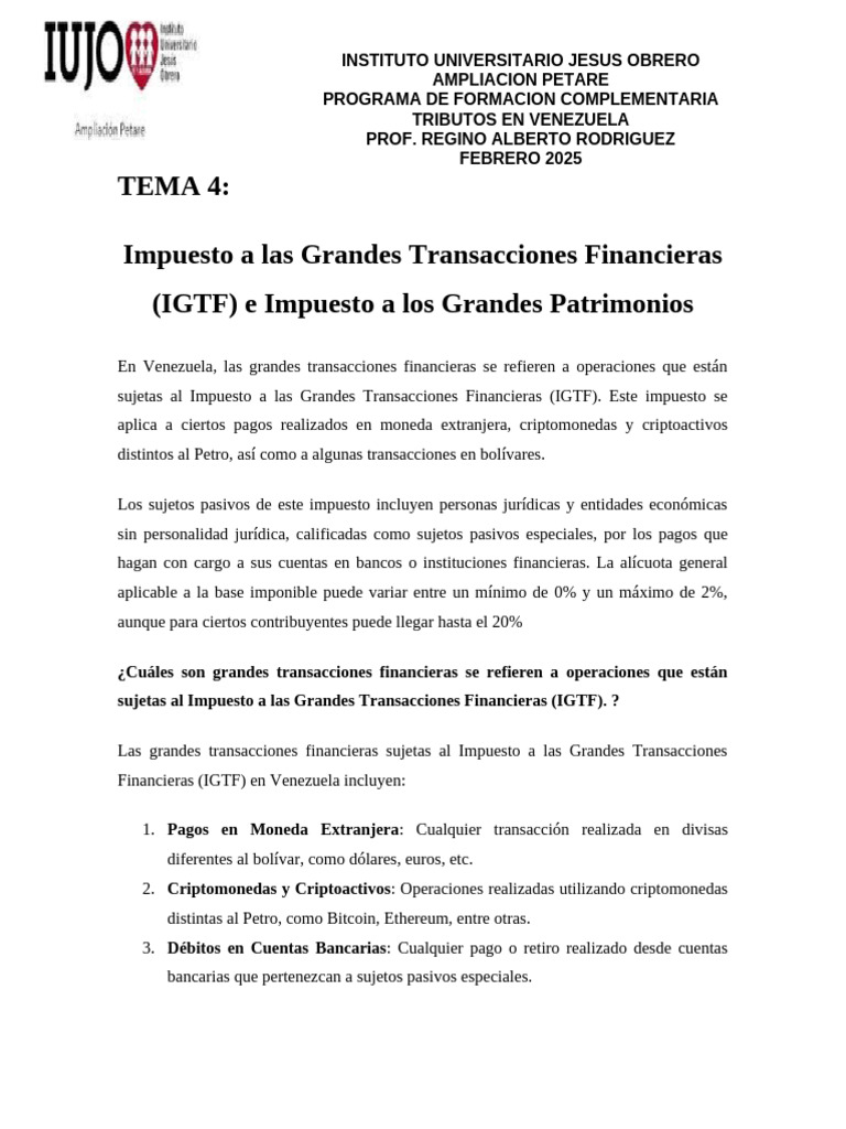 TEMA No. 4 IGTF E IMPUESTO A LOS GRANDES PATRIMONIOS | PDF | Impuestos | Contabilidad