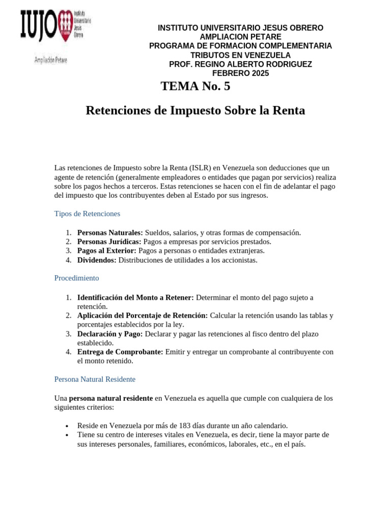 TEMA No. 5 Retenciones de Impuesto Sobre La Renta | PDF | Impuesto sobre la renta | Impuestos