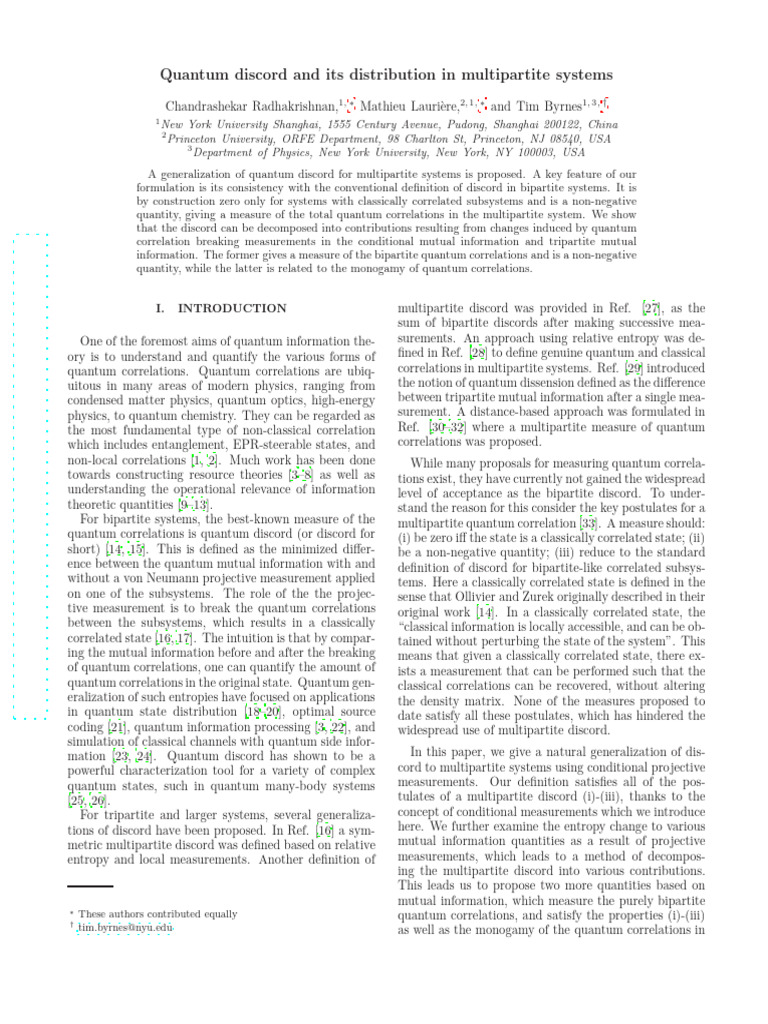 discord -its distribution in multipartite systems | PDF | Quantum Entanglement | Measurement