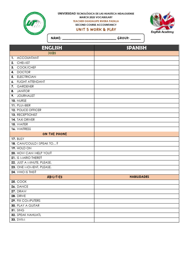 Vocabulary Unit 5 2nd Course p1 2025 | PDF