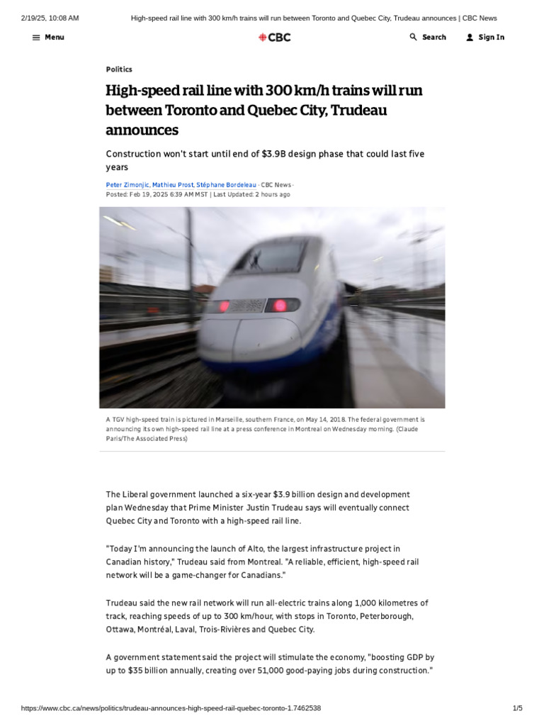 High-Speed Rail Line With 300 KM - H Trains Will Run Between Toronto ...