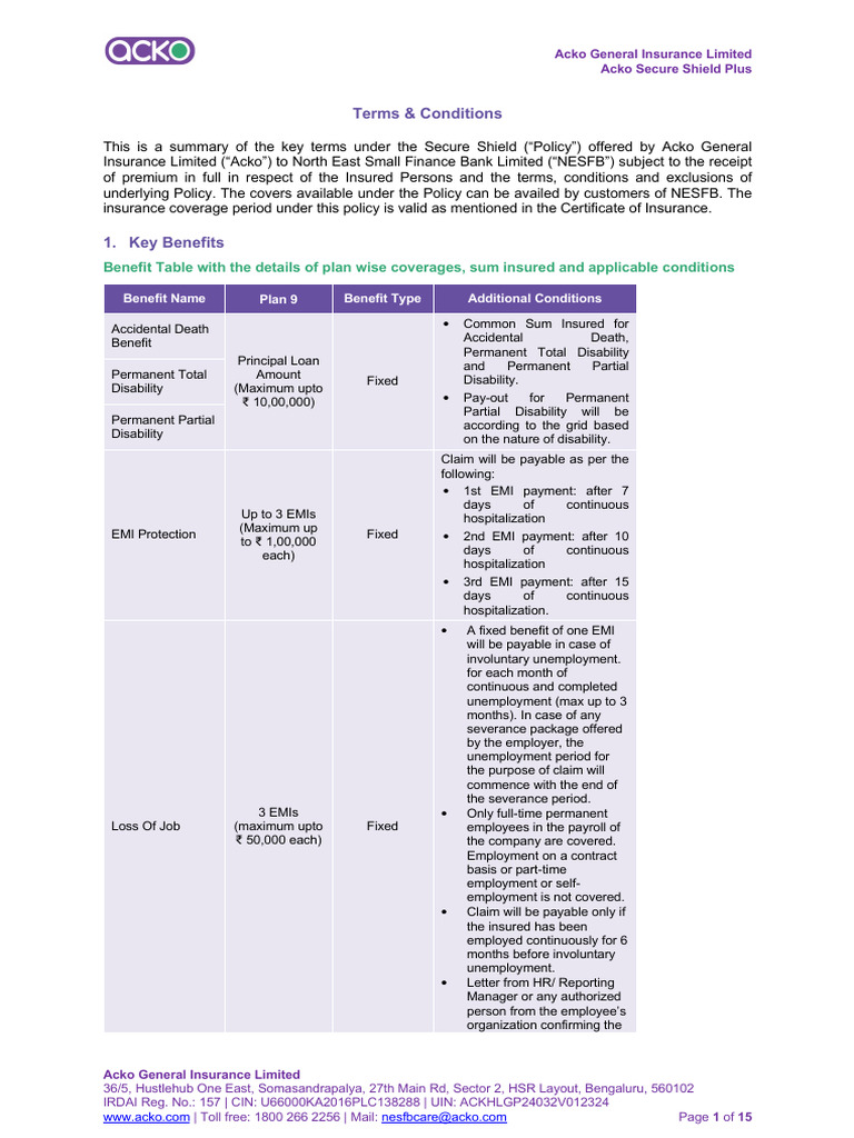 Acko Nesfb Insurance TNC 9 | PDF | Insurance | Obesity