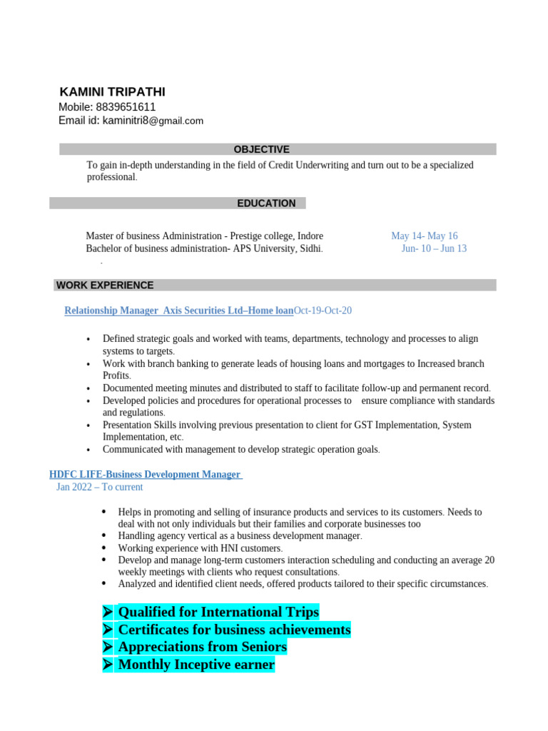 Kamini Tripathi Resume Indore | PDF | Business