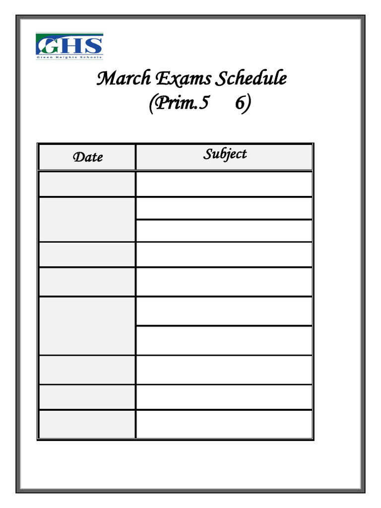 March 2025 Exam Schedule for Prim. 5 & 6 | PDF