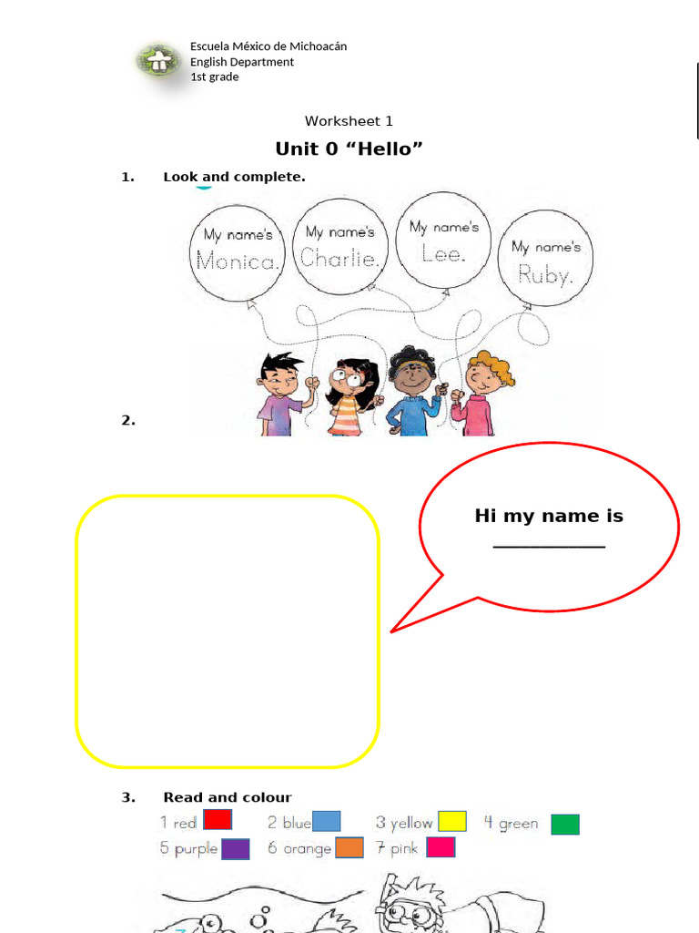 Worksheet 1 - Unit 0 - 1st Grade | PDF