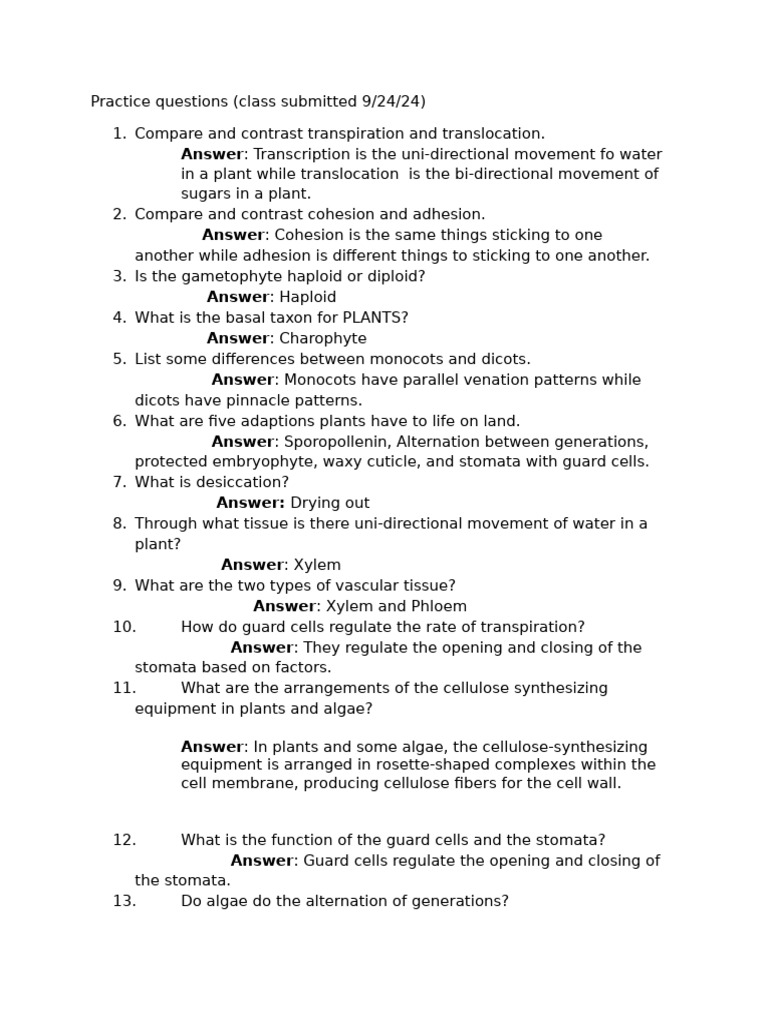 Plant Biology Practice Questions | PDF | Plants | Plant Morphology