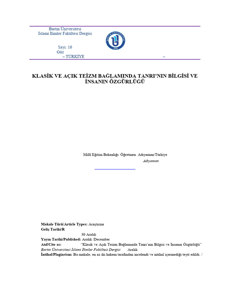 Klasik ve A____k Teizm Ba__lam__nda Tanr_____n__n Bilgisi ve __nsan__n __zg__rl______[#1016022 ...