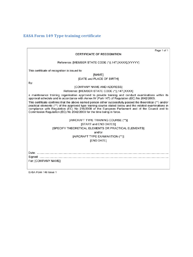 Easaform 149 Typetrainingcertificate 1 | PDF