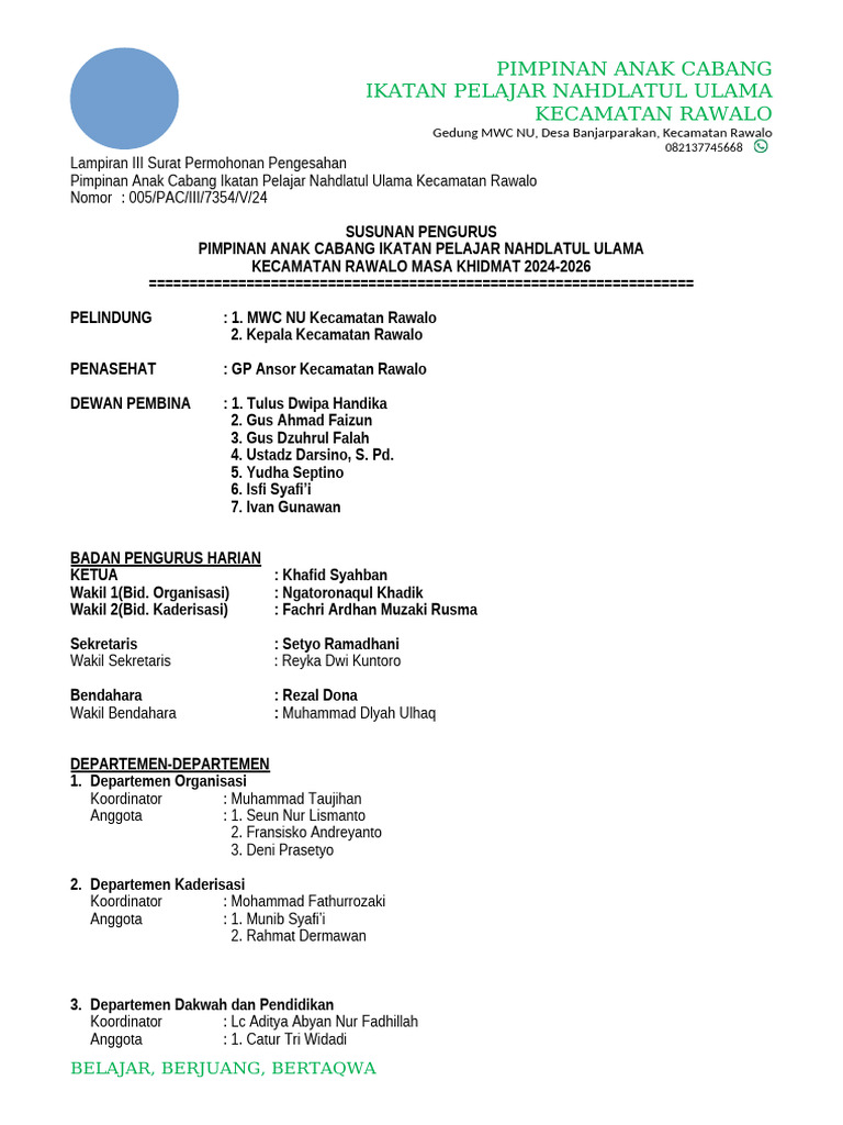 Susunan Kepengurusan PAC IPNU Kec. RAWALO, 2024-2026, No.005 | PDF