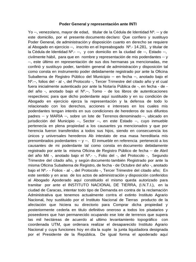 Modelo Poder General y Representación Ante INTI | PDF | Propiedad