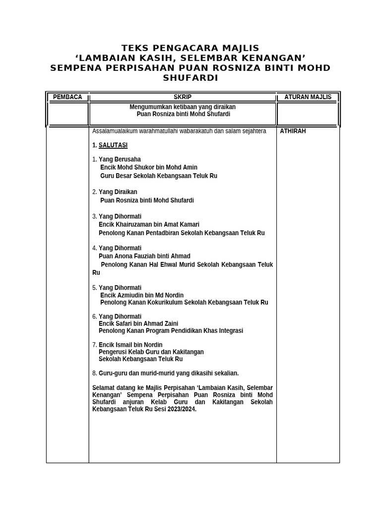 Khamis - Teks Pengacara Majlis Persaraan Puan Norliza | PDF