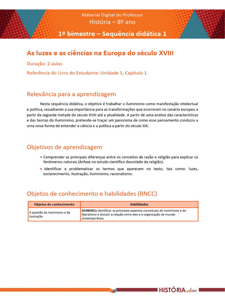 04 HIST DOC 8ANO 1BIM Sequencia Didatica 1 TRT | PDF | Iluminismo | Science